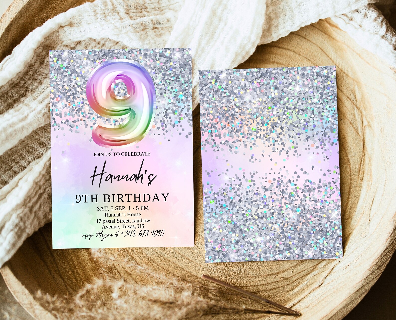 Editable Pastel Rainbow 9th Birthday Invitation Template, Birthday ...