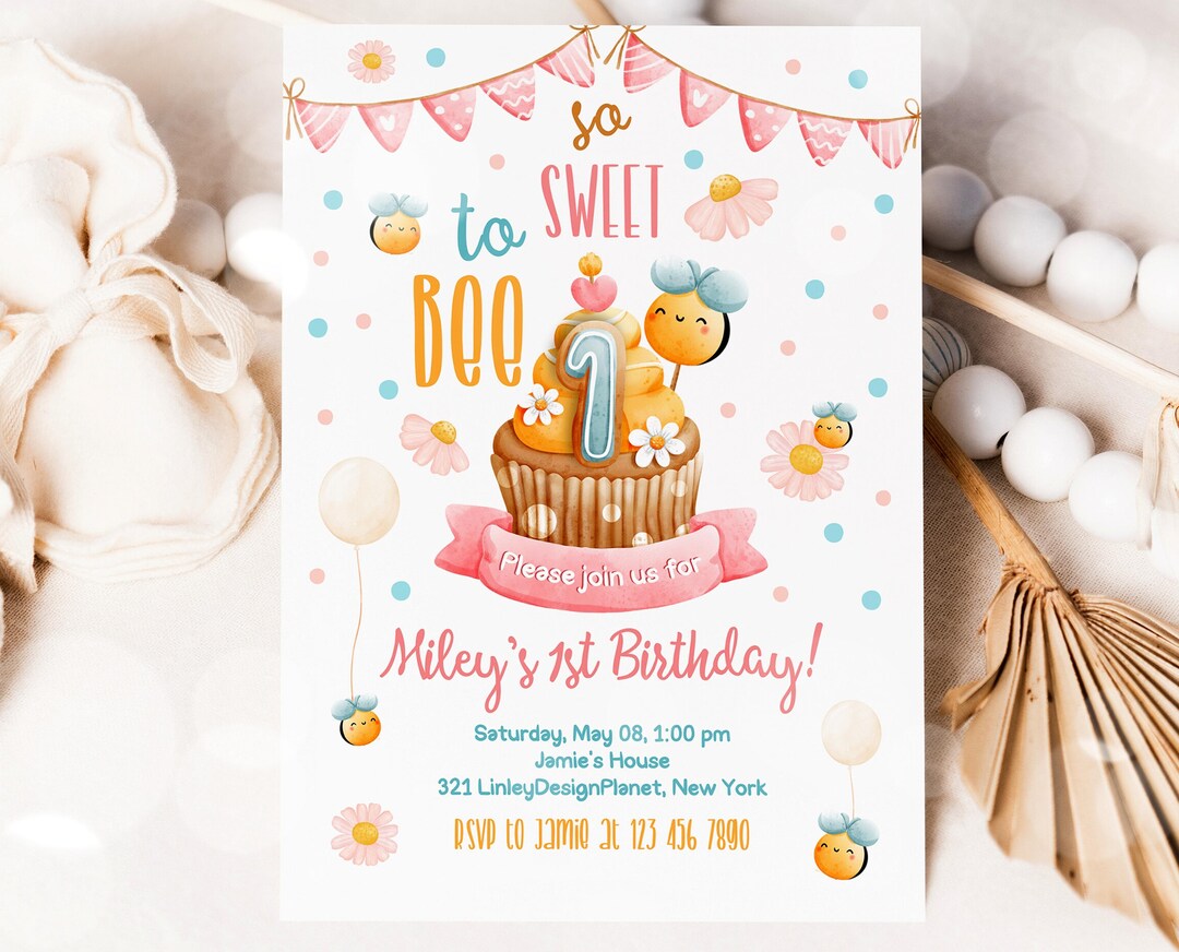 Editable Bee First Birthday Invitation, Little Honey Bee First Birthday ...