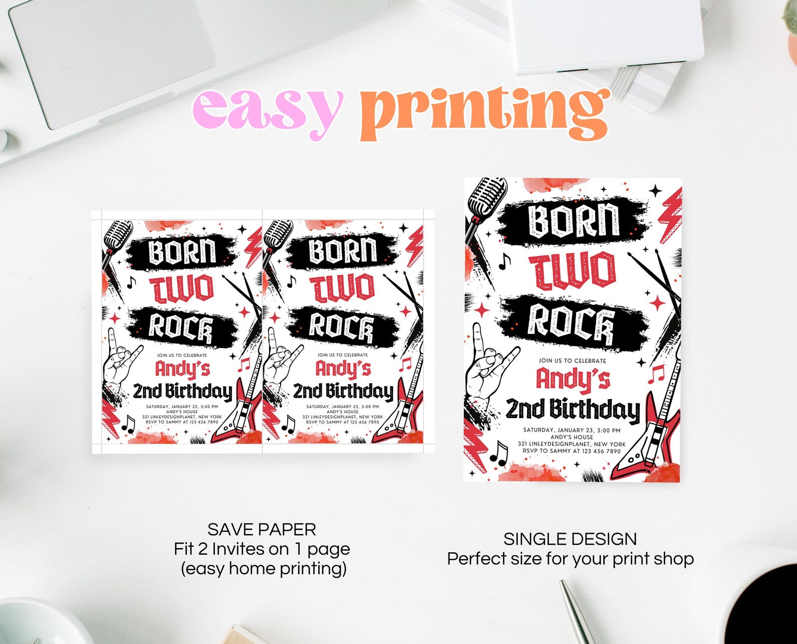 Editable Born Two Rock 2nd Birthday Party Invitation, Boy Rock and Roll ...
