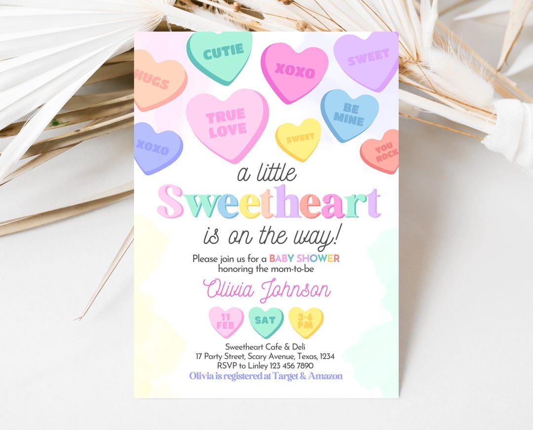 Editable Sweetheart Baby Shower Invitation, Conversation Hearts Theme ...
