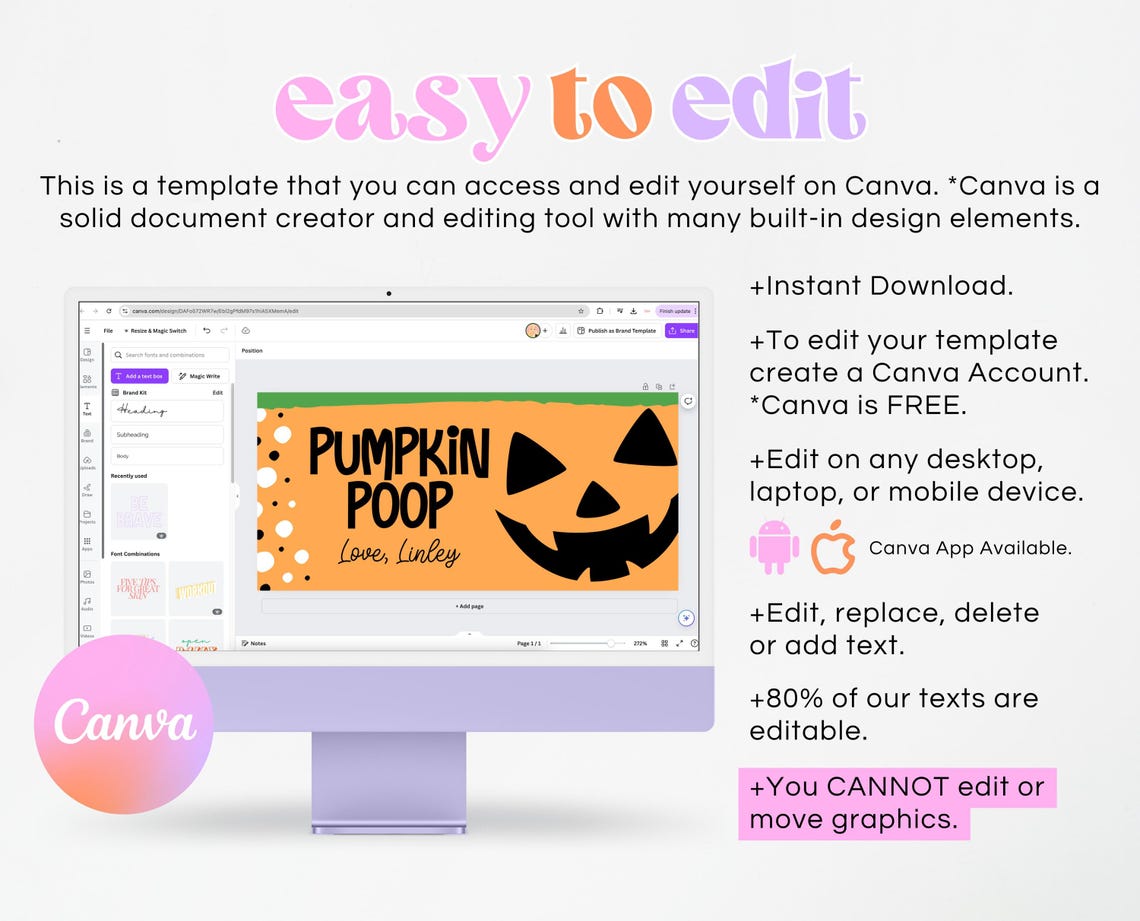 Editable Pumpkin Poop Bag Topper, Halloween Favor Tag, Trick or Treat ...