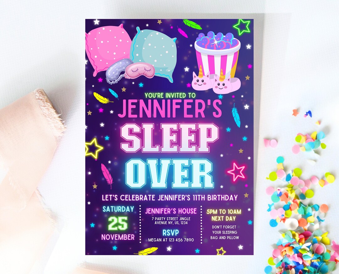 Editable Neon Sleepover Invitation Template, Slumber Party Invitation ...