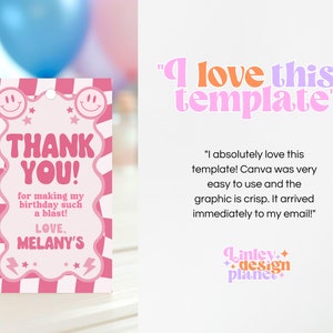 Editable Retro Smiley Birthday Favor Tag, Preppy Smile Theme Tags, Pink ...