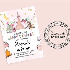 Editable Girl Camping Invitation, Camp Out Birthday Invite, Girl ...