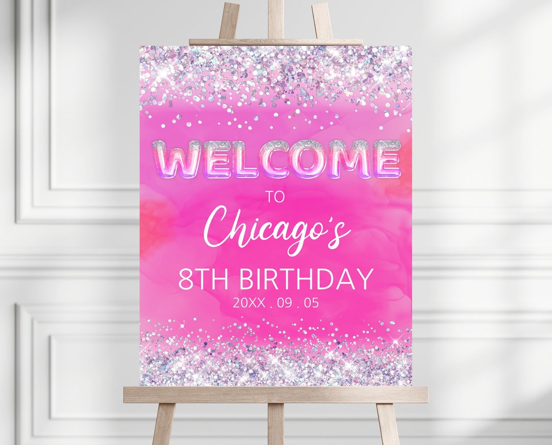 Editable Pink Birthday Welcome Sign Template, Glitter Birthday Welcome ...
