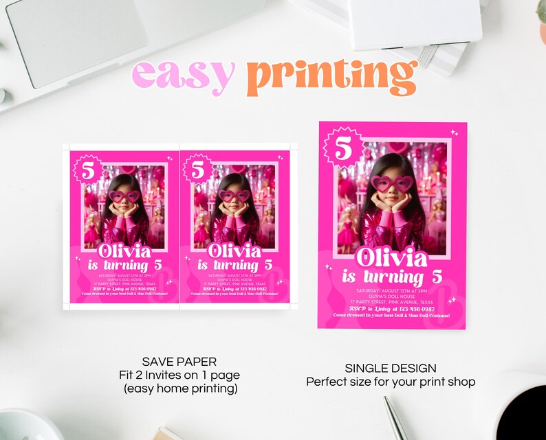 Editable Pink Doll Birthday Invitation: Glam Fashion Invite (5x7 Inch ...