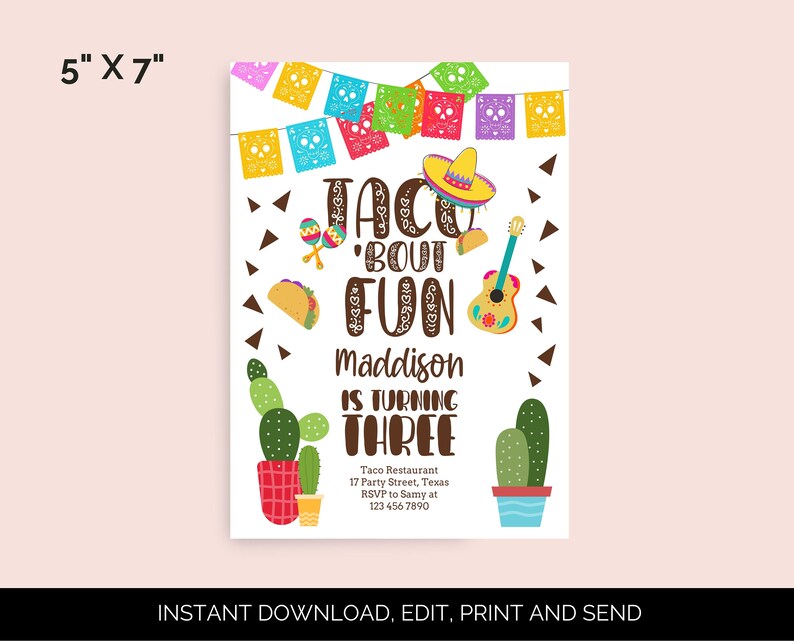 Editable Taco Bout Fun Birthday Invitation Girl First Fiesta - Etsy
