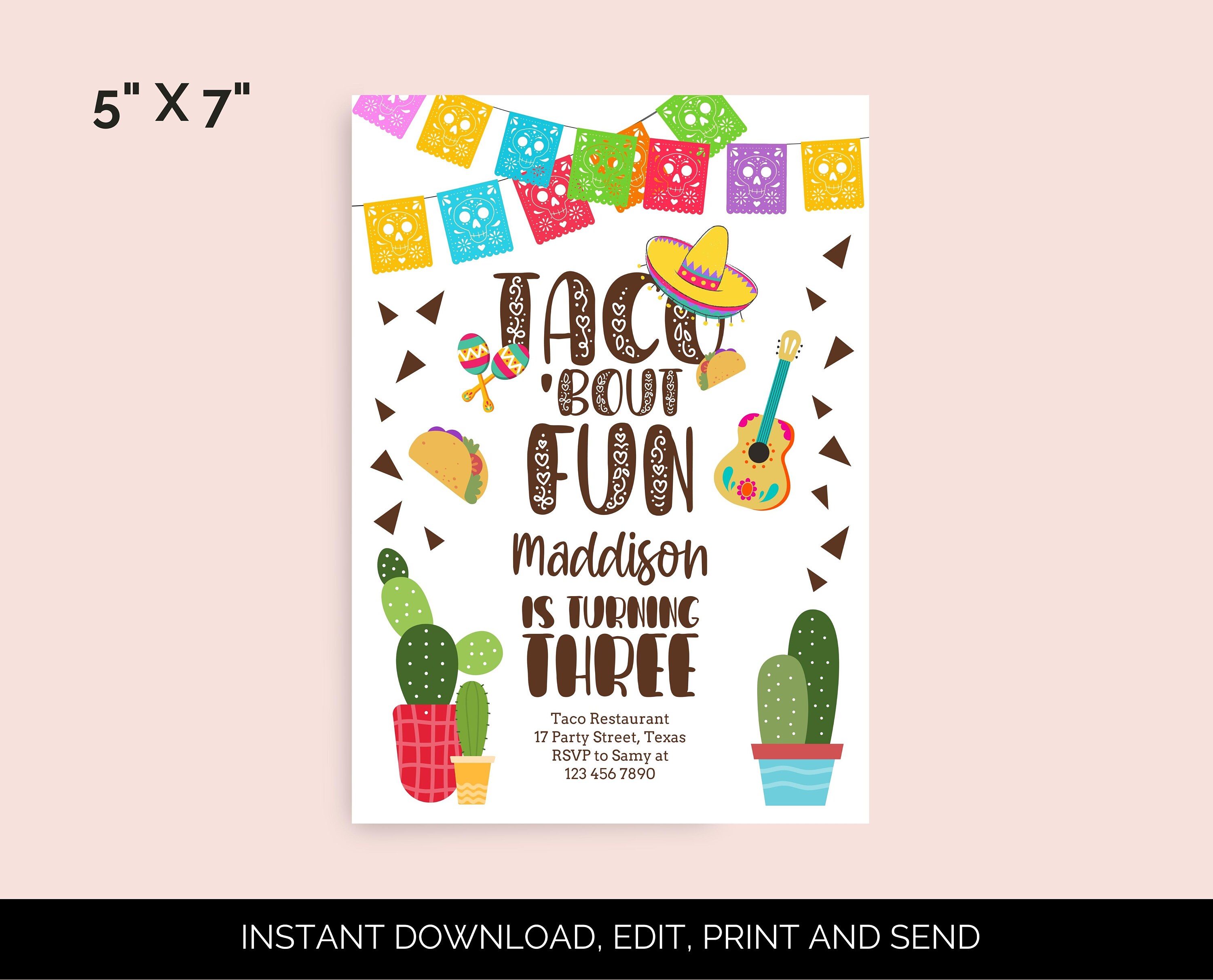 Editable Taco Bout Fun Birthday Invitation Girl First Fiesta - Etsy