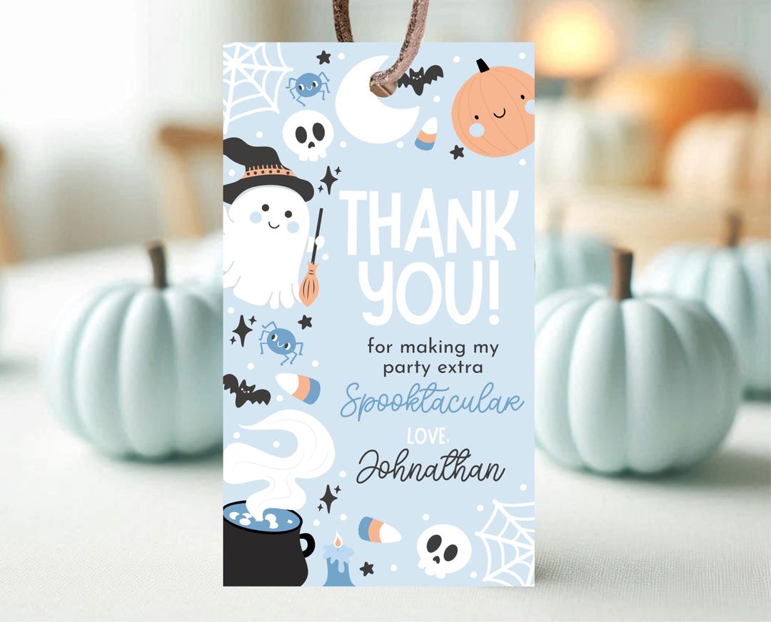 Editable Blue Halloween Favor Tag, Halloween Birthday Thank You Tag ...