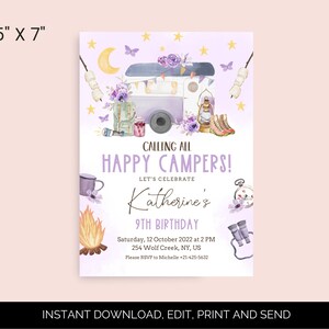 Editable Girl Camp Party Invitation, Camp Out Birthday Party, Sleepover Girl Camping Party ...