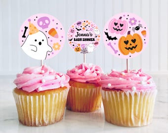 Halloween Baby Shower Cupcake Toppers A Little Boo Pink Ghost Favor ...