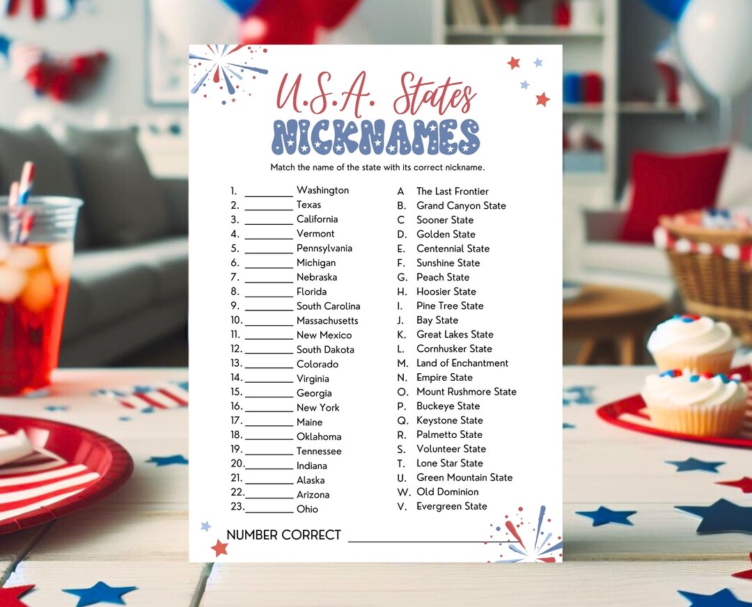 Printable 4th of July USA States Nicknames Game, July 4th Games ...