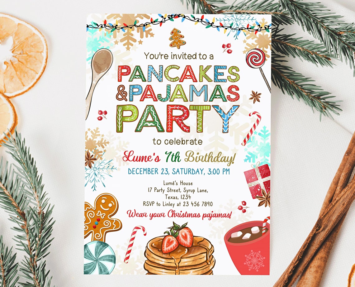 Editable Pancakes & Pajamas Party Christmas Birthday - Etsy