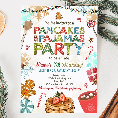 Editable Christmas Pancakes And Pajamas Party Invitation Etsy