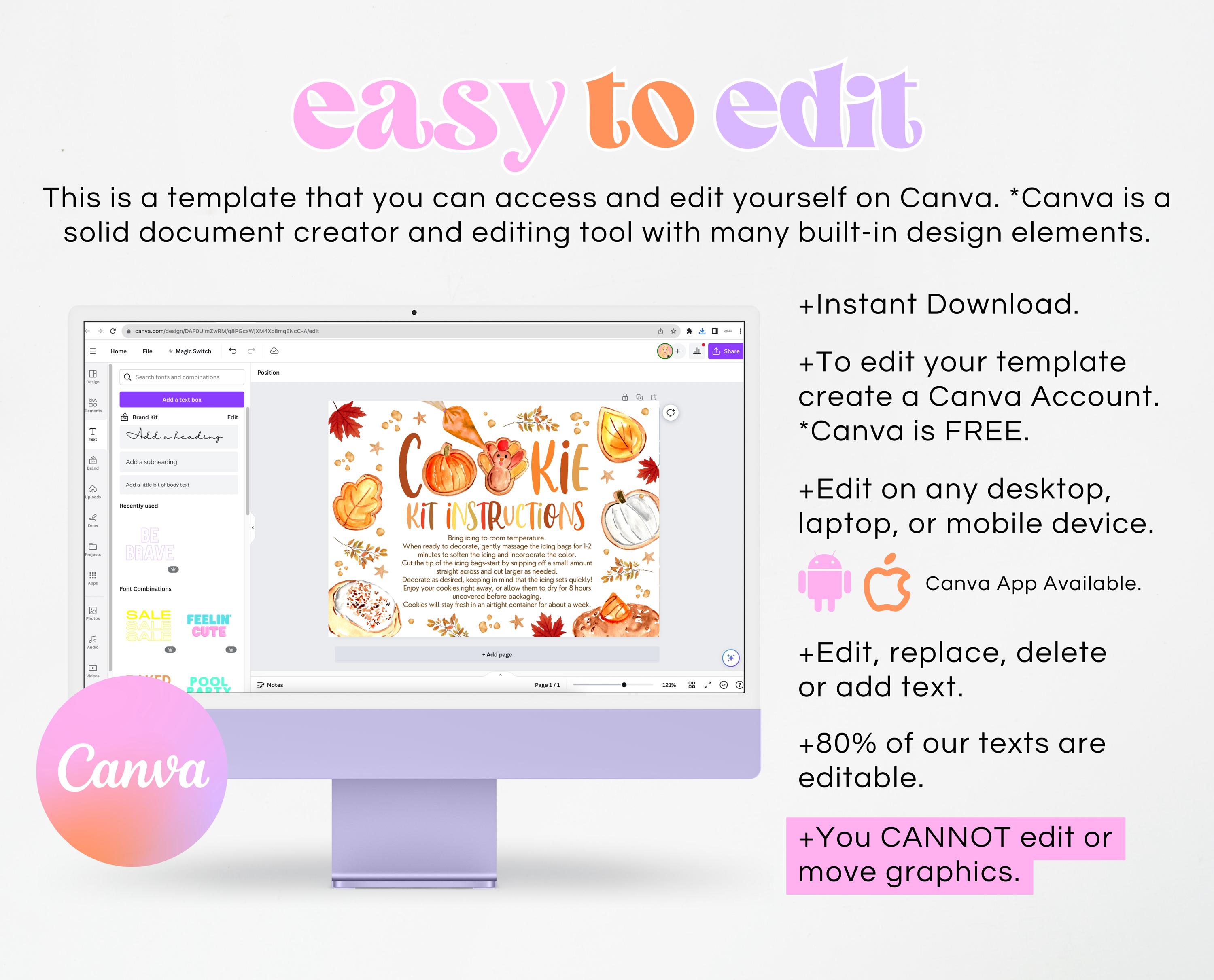 Editable Thanksgiving Cookie Instructions Card, Editable Cookie Kit ...