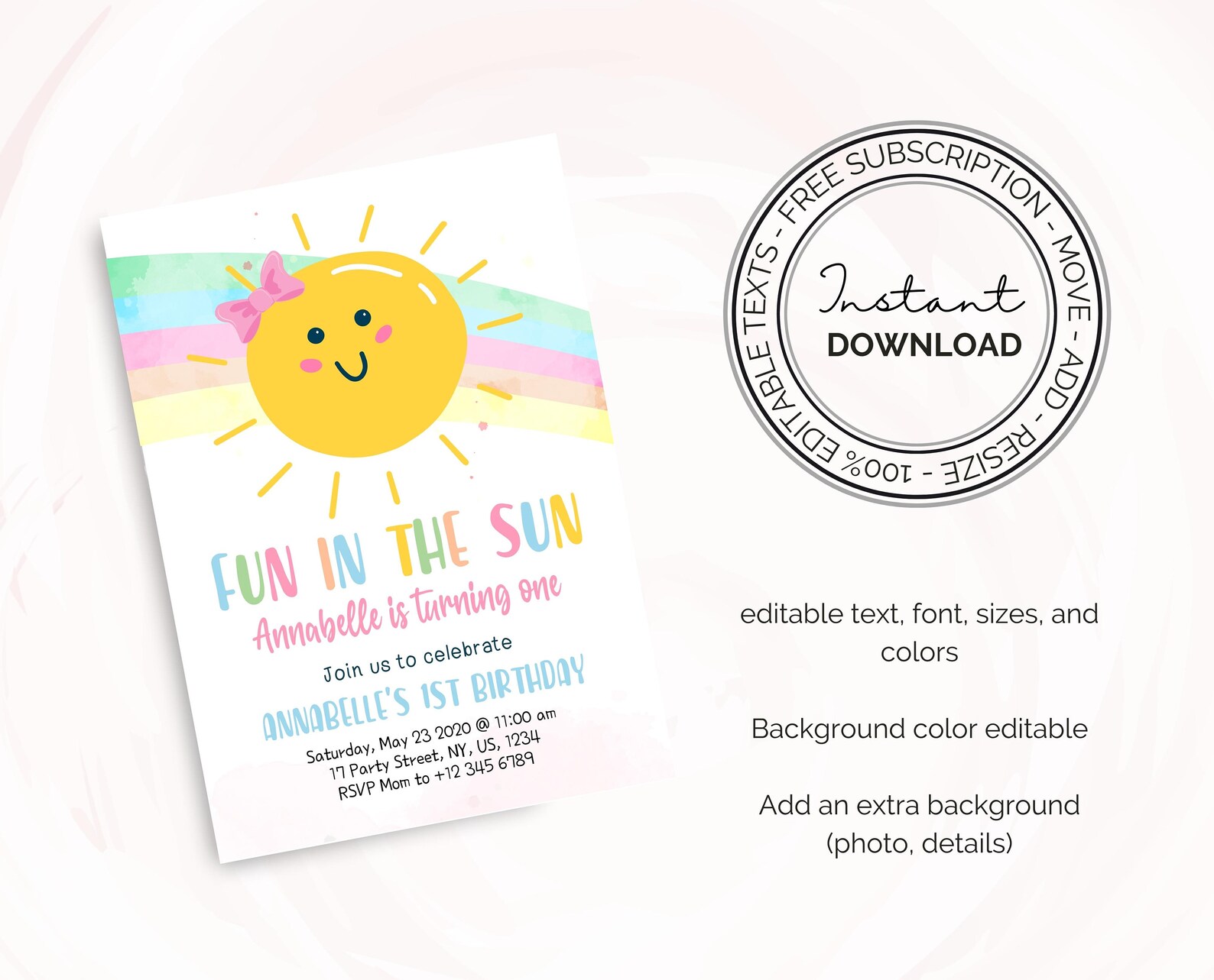 Editable One in the Sun Birthday Invitation Template Sunshine - Etsy