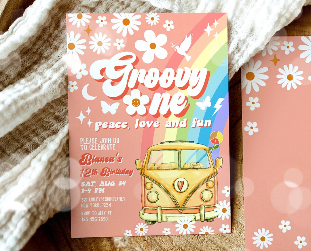 Editable Groovy One Hippie Birthday Invitation, Groovy Hippie Birthday ...
