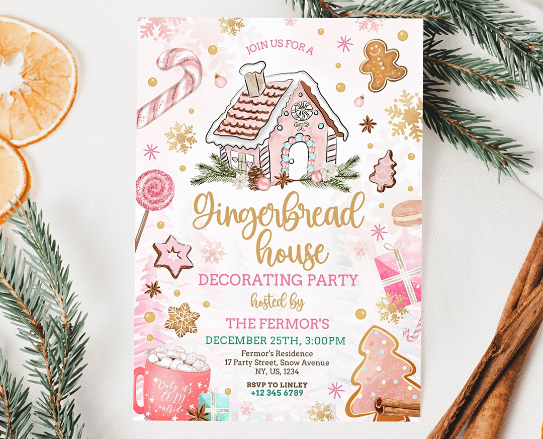 Editable Christmas Gingerbread House Decorating Party Invitation Pink ...