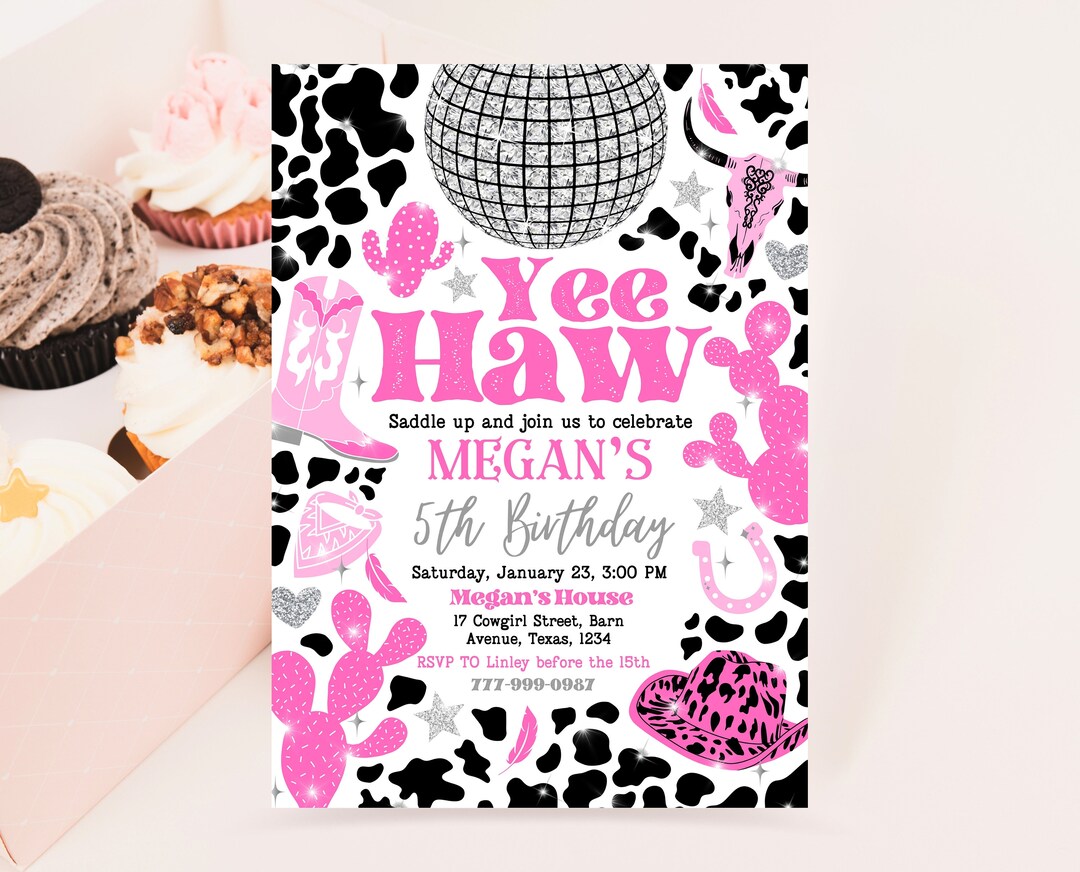 Editable Disco Cowgirl Birthday Party Invitation, Pink Disco Cowgirl ...