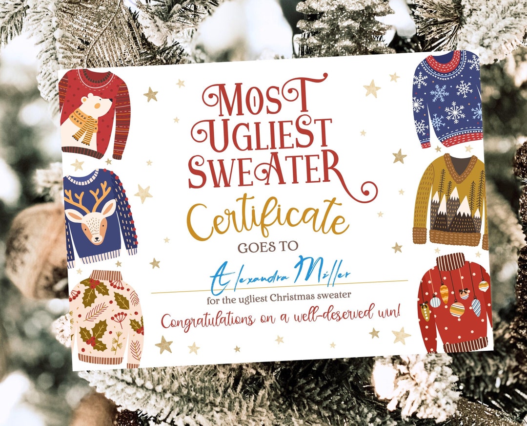 Editable Ugly Sweater Christmas Certificate, Ugly Sweater Contest ...