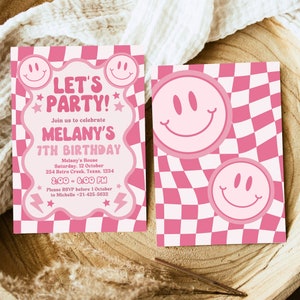 Editable Retro Smiley Birthday Invitation, Preppy Smile Theme Invite ...