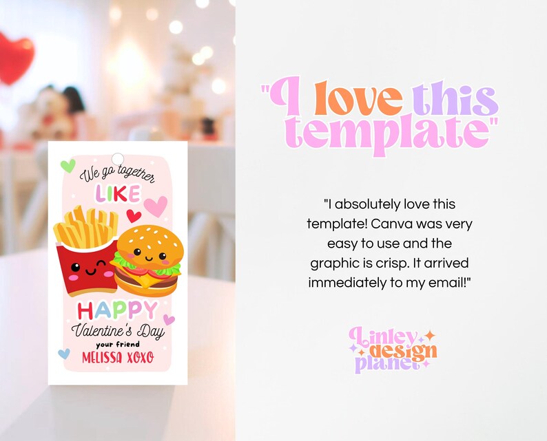 Editable Valentine Gift Tag, Burger and Fries Valentine Gift Tags ...