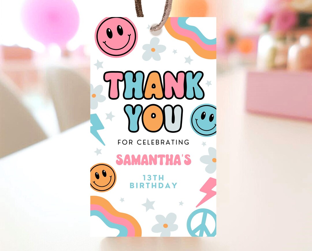 Editable Retro Smiley Birthday Favor Tag, Preppy Smile Theme, Pink ...