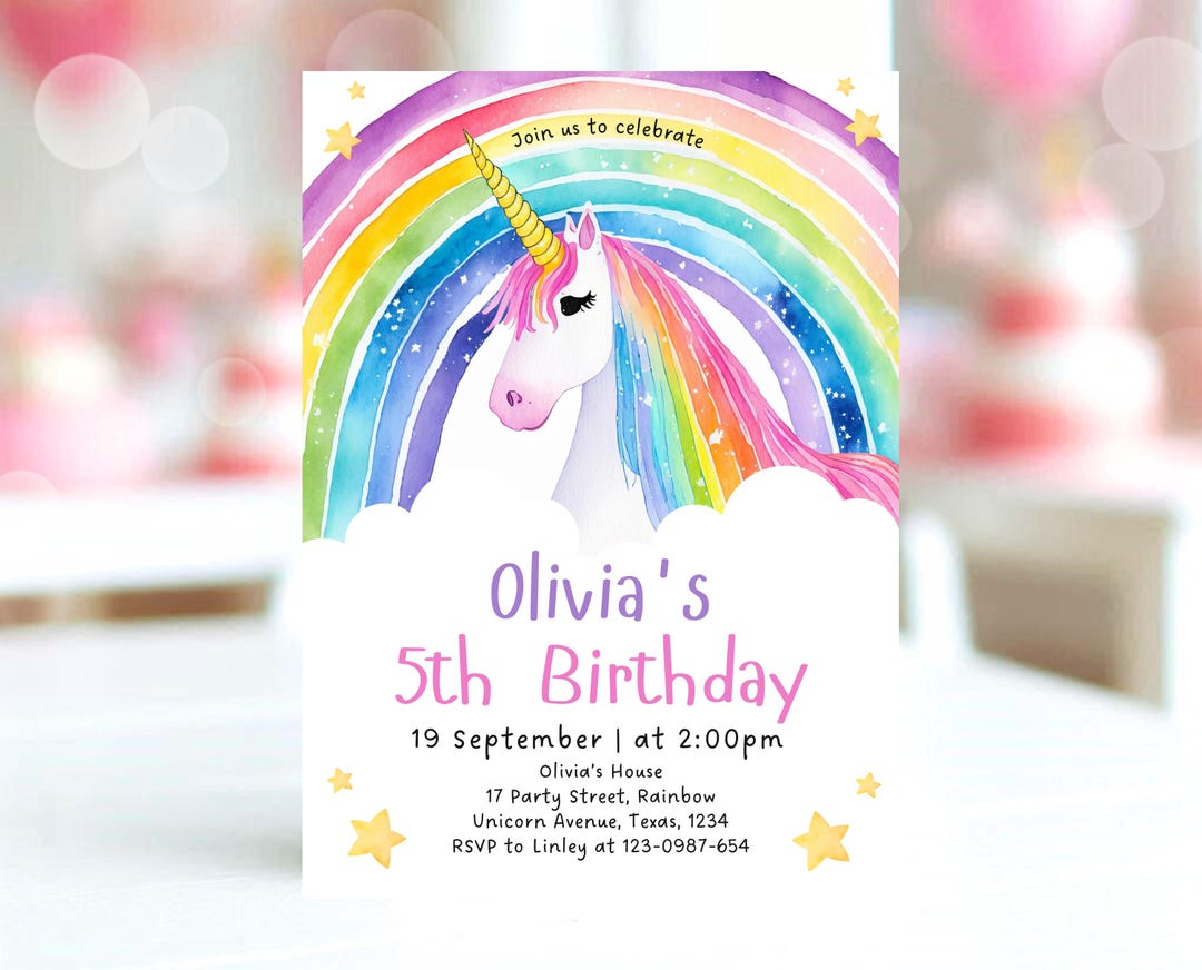 Editable Rainbow Unicorn Birthday Invitation: Pink and Colorful ...