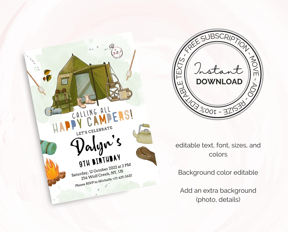 Editable Boy Camp Party Invitation Camp Out Birthday Invite Outdoor ...