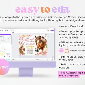 Editable Cowgirl Birthday Invitation Template, Girl Horse Birthday ...