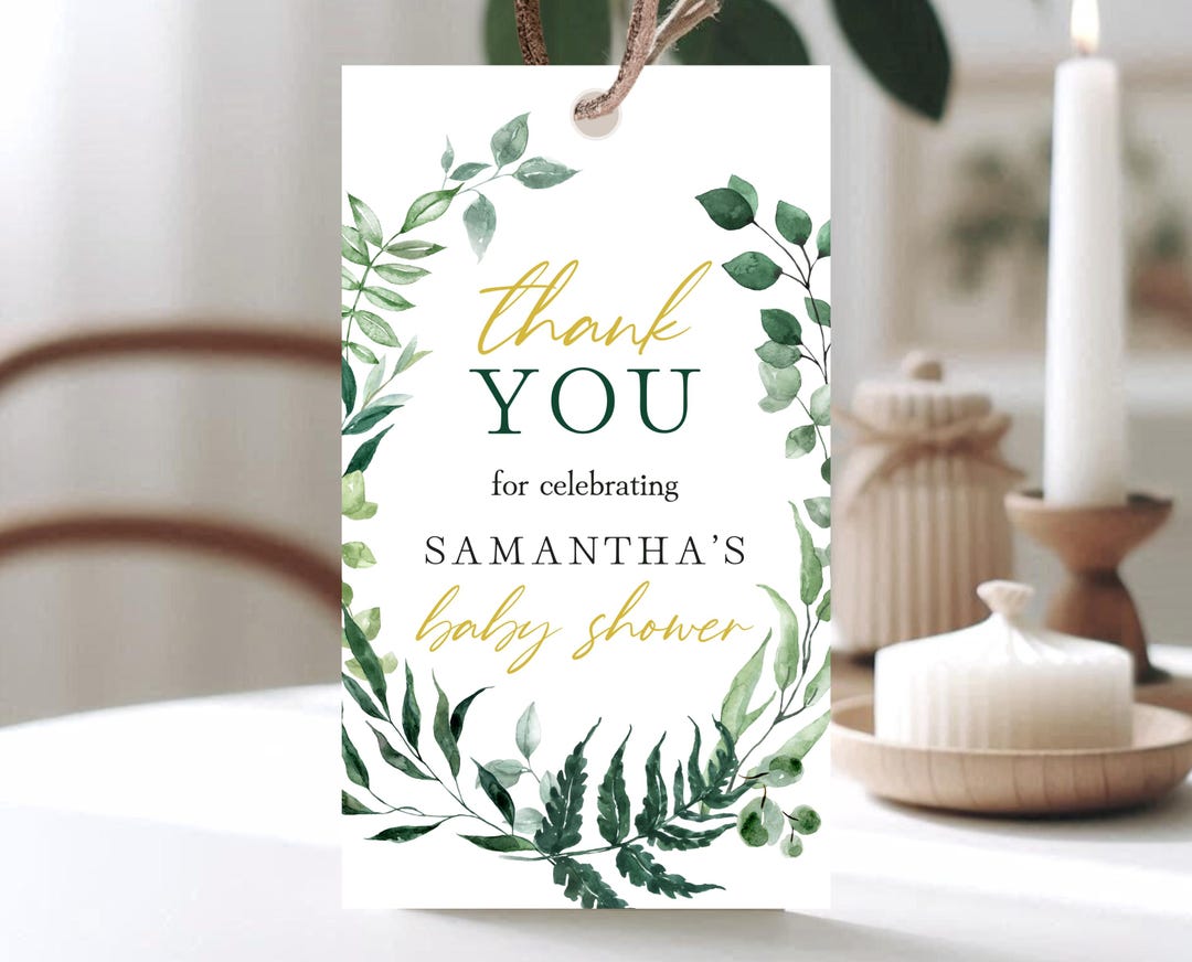 Editable Greenery Baby Shower Favor Tag, Green Leafs Baby Shower ...