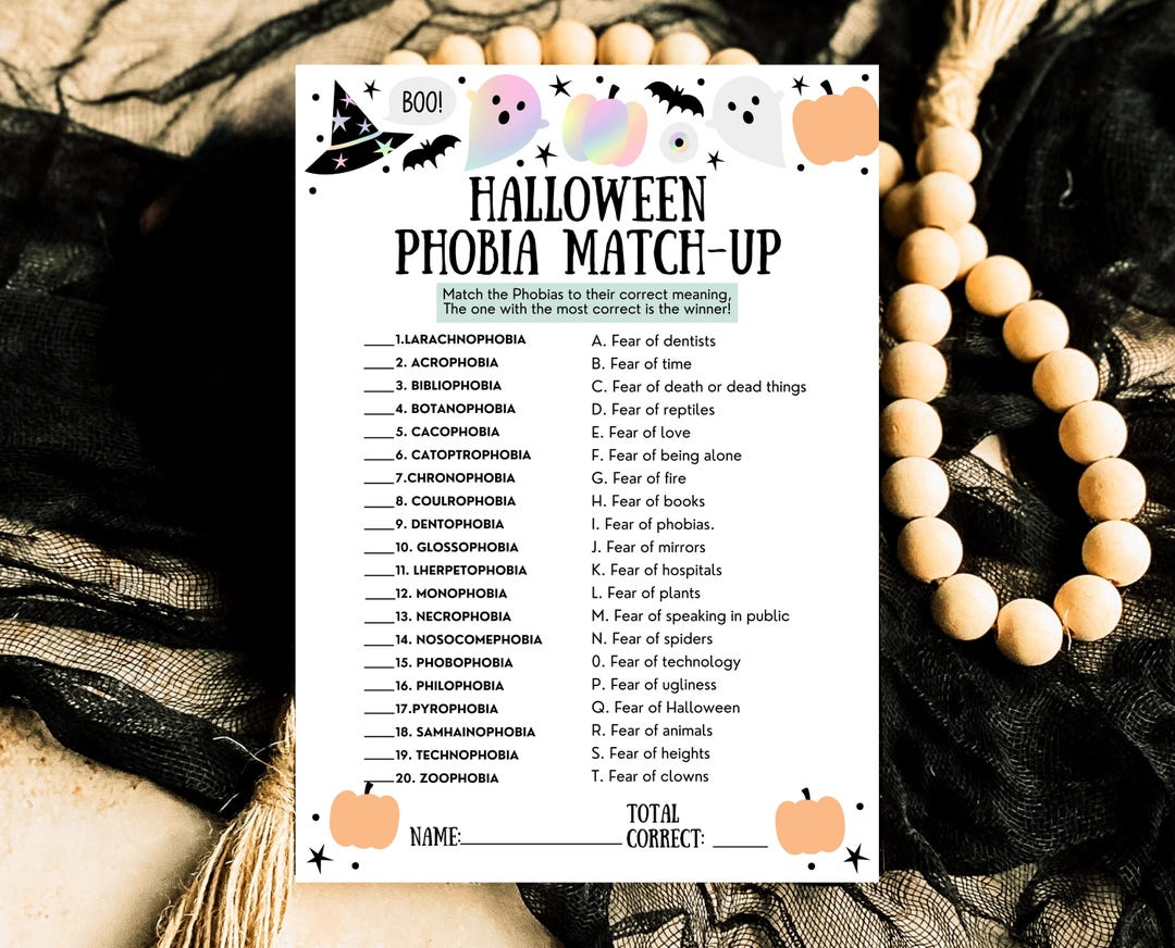 Halloween Phobia Match-up Game Template, Halloween Trivia, Halloween ...