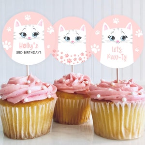 Editable Kitten Birthday Cupcake Toppers Kitty Cat Birthday Favor Tags ...