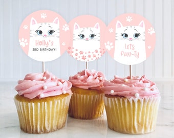 Kitten Birthday Cupcake Toppers Kitty Cat Birthday Favor Tags Girl Pink ...