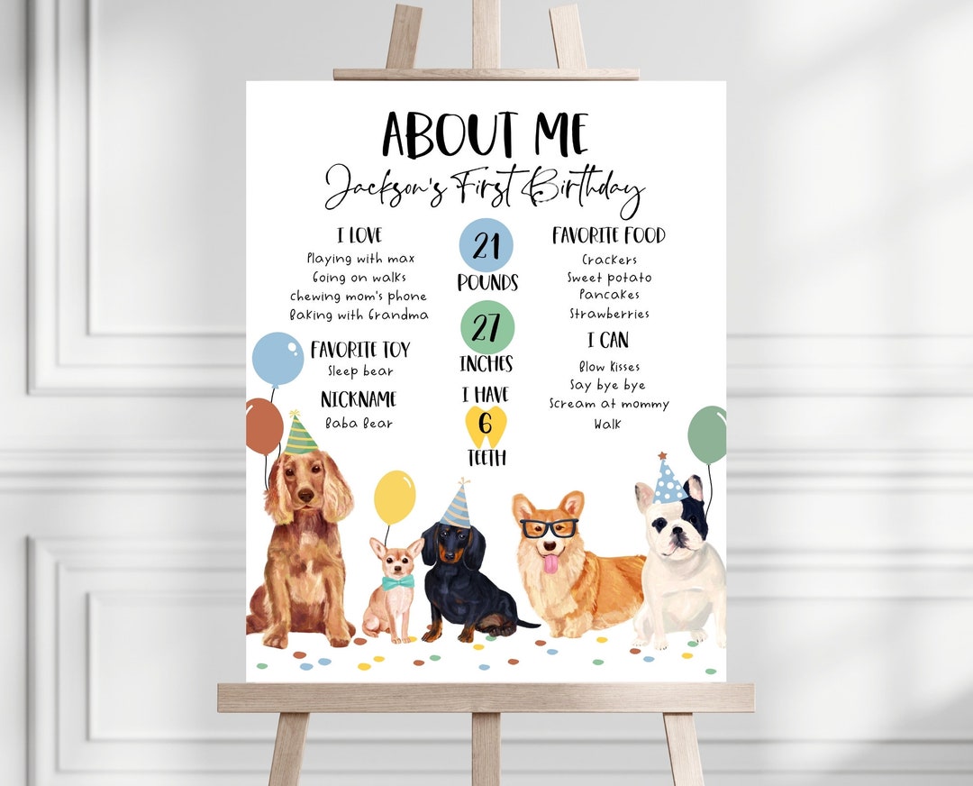 Boy Dog Birthday Milestone Sign, Puppy Birthday Party About Me Sign ...