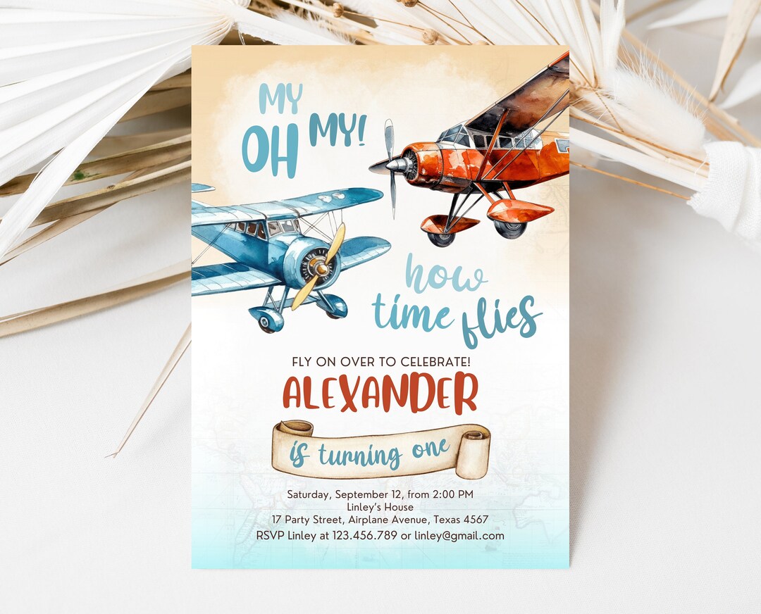 Editable Airplane Birthday Invitation Blue Red Watercolor Vintage ...