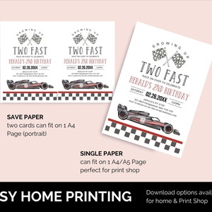 Editable Growing up Two Fast Birthday Invitation, Racing Car Birthday ...