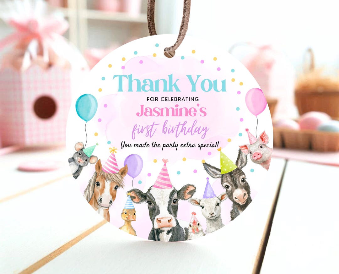 Editable Farm Animals Birthday Favor Tag: Pink Party Decor (digital ...