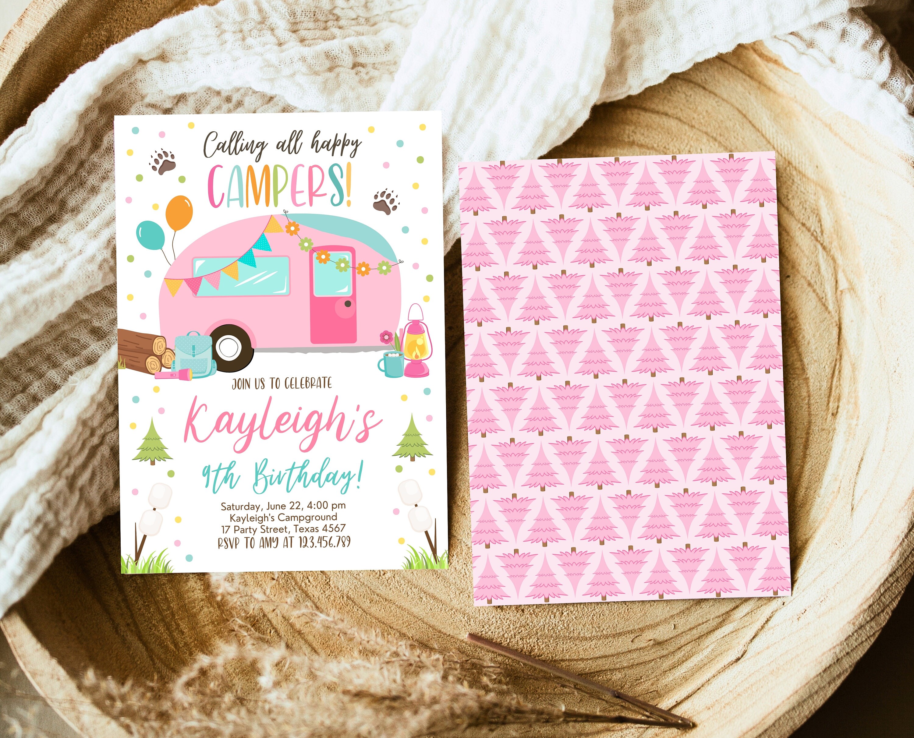 Editable Camping Birthday Invitation, Camping Party Invitation, Girly ...