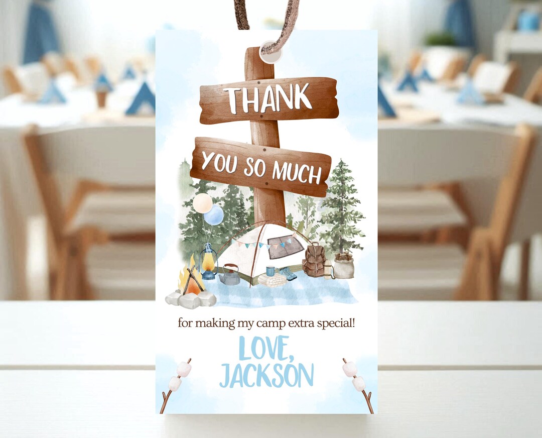Editable Boy Camp Party Favor Tag, Camp Out Birthday Thank You Tag ...
