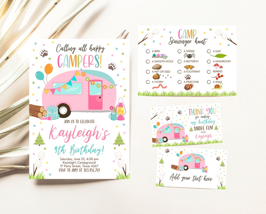 Editable Camping Birthday Invitation Bundle, Camping Party Pack, Girly Glamping Party, Pink ...