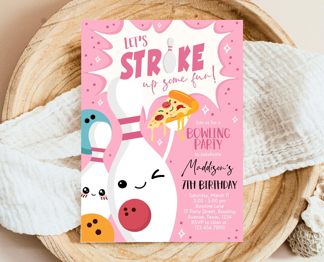 Editable Bowling Birthday Invitation, Pink Bowling and Pizza Invitation ...