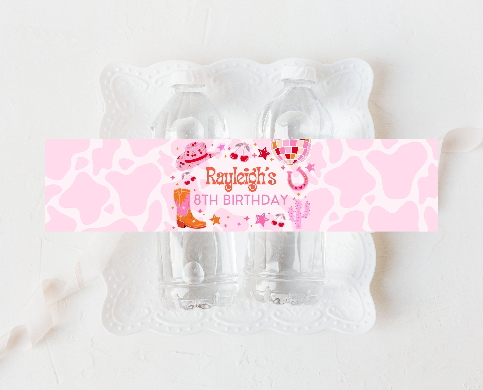 Editable Retro Cowgirl Birthday Water Bottle Label, Pink Disco Cowgirl ...