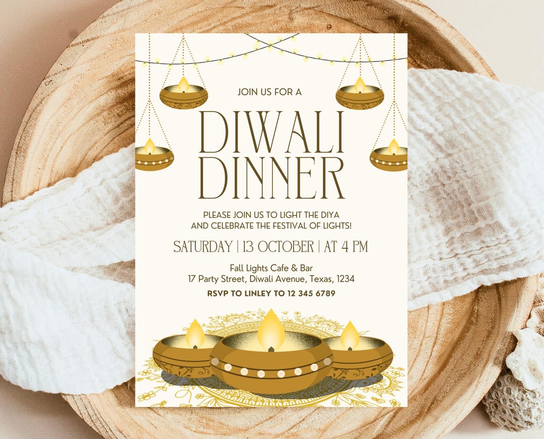 Editable Diwali Dinner Invitation, Gold Diwali Party Invitation, Hindu ...
