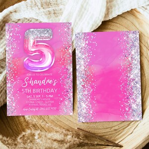 Editable Pink 5th Birthday Invitation Template, Glitter Birthday Invite ...