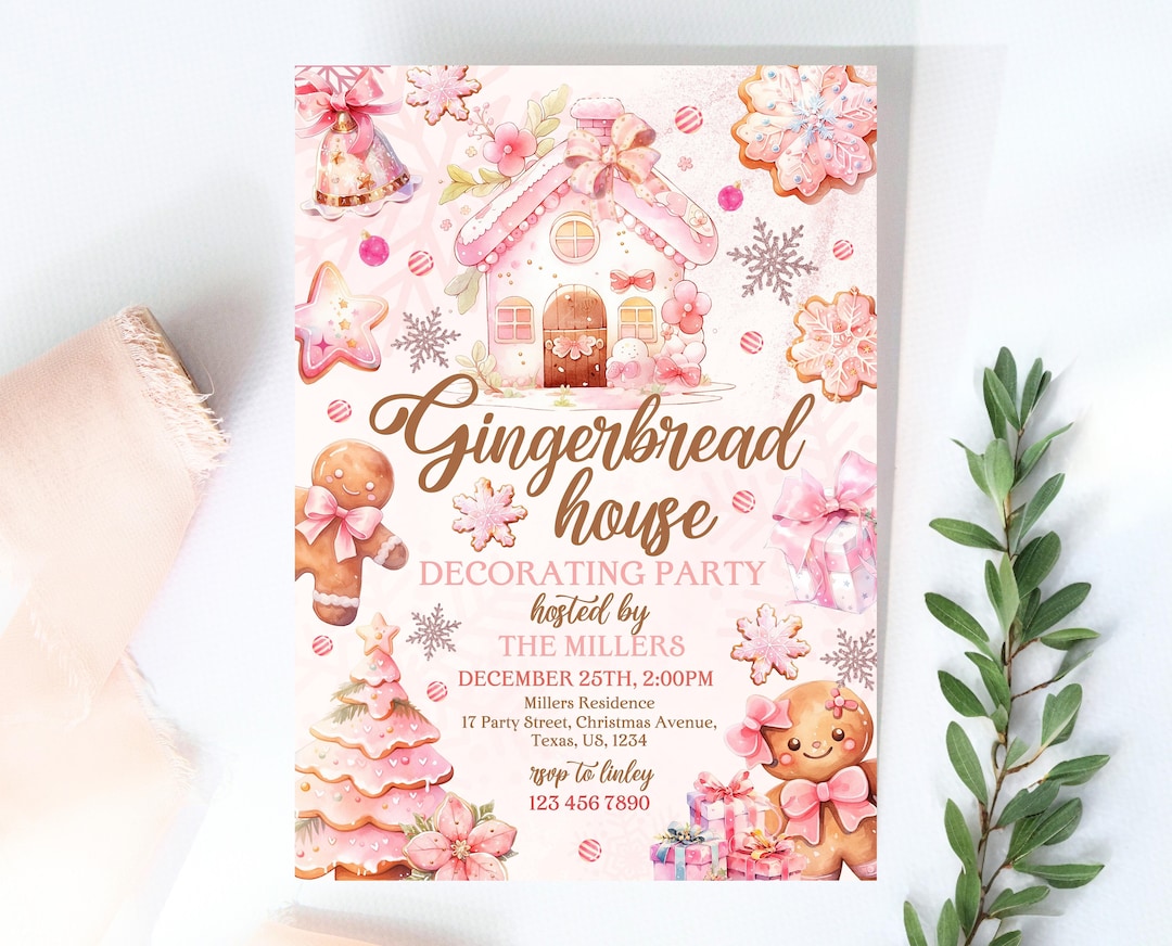 Editable Christmas Gingerbread House Decorating Party Invitation Pink ...