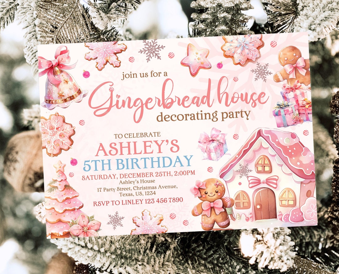 Editable Gingerbread Birthday Party Invitation Template, Pink Christmas ...