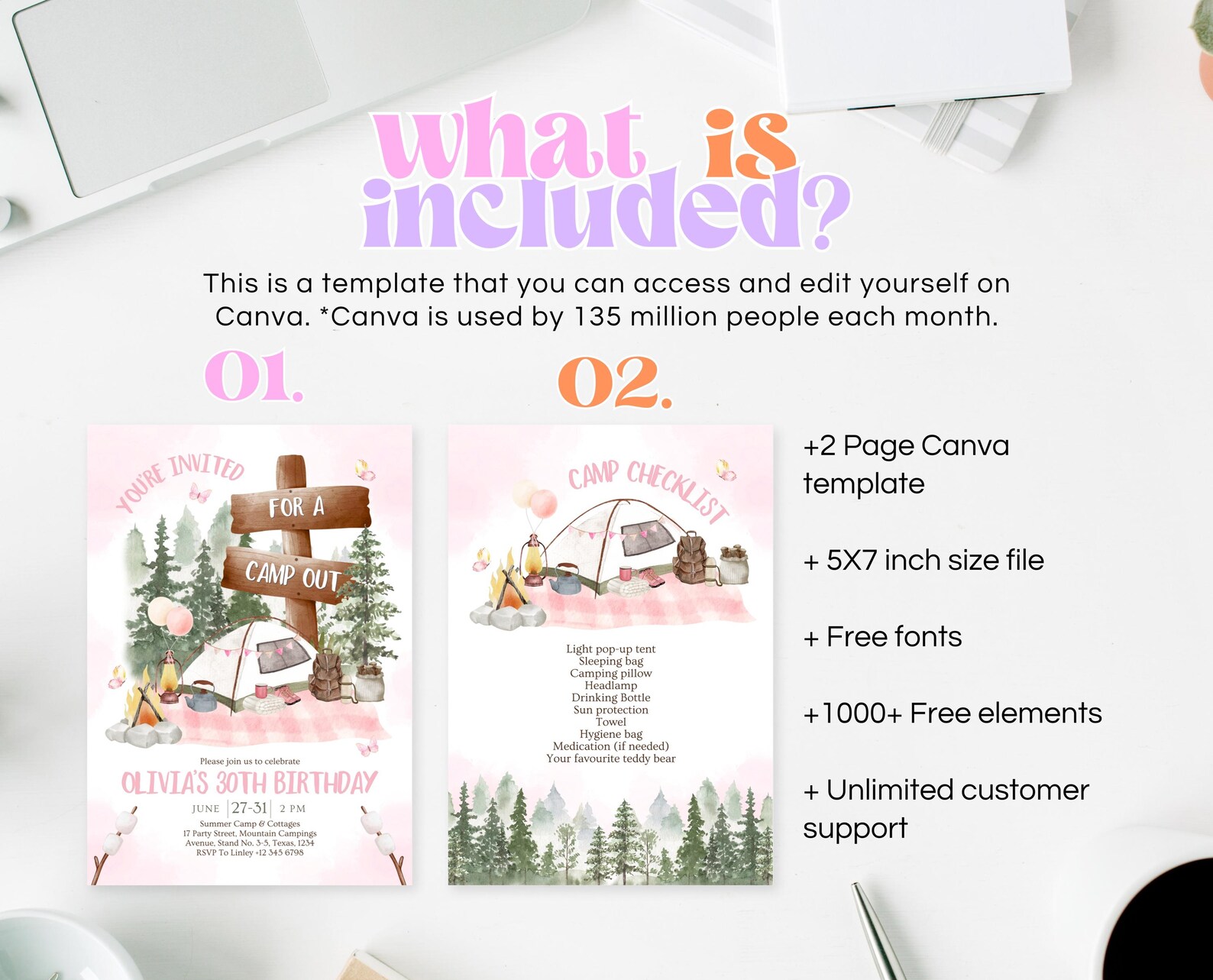 Editable Girl Camping Invitation, Pink Camp Adult Birthday, Girl ...