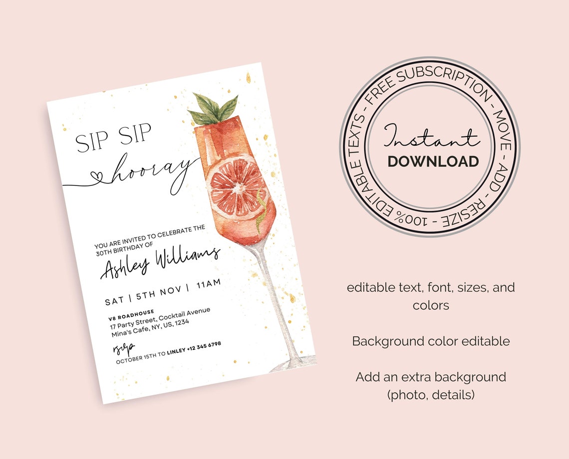 Editable Cocktail Birthday Invitation Adult Birthday - Etsy