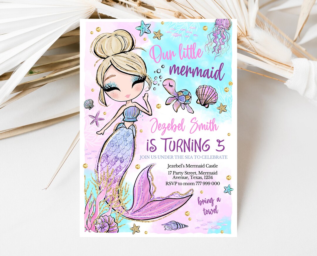 Editable Mermaid Birthday Invitation, Pink Mermaid Invite, Under the ...